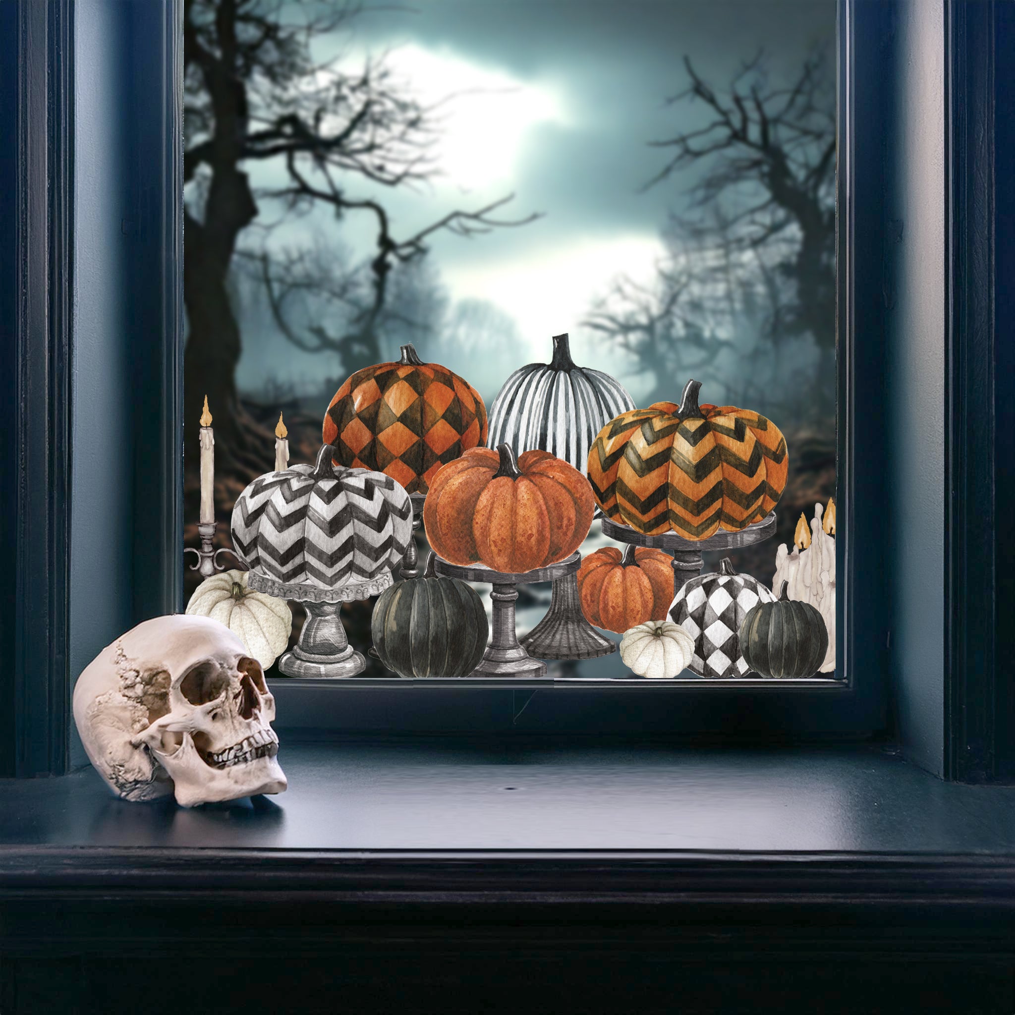 Halloween Black Orange Pumpkins on Pedestals Window Decal – Dizzy Duck ...
