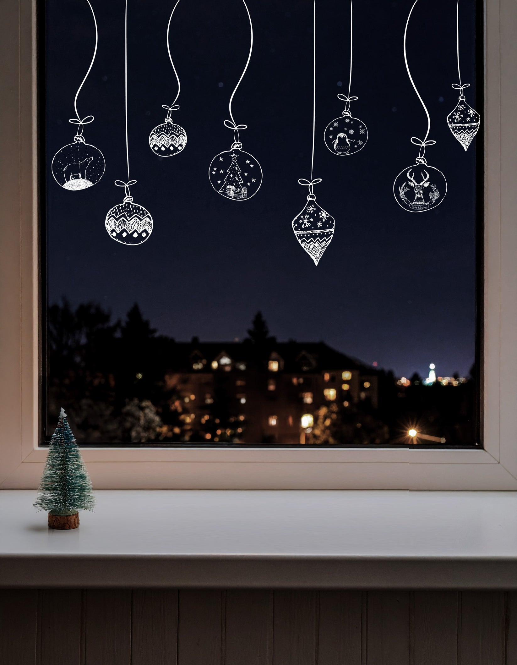 White Hand Drawn Baubles Window Decals – Dizzy Duck Designs