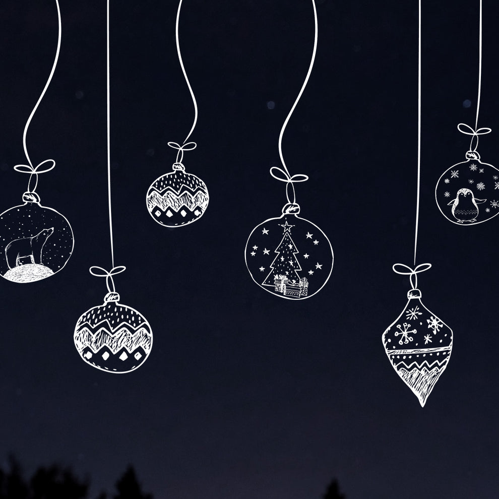 White Hand Drawn Baubles Window Decals – Dizzy Duck Designs